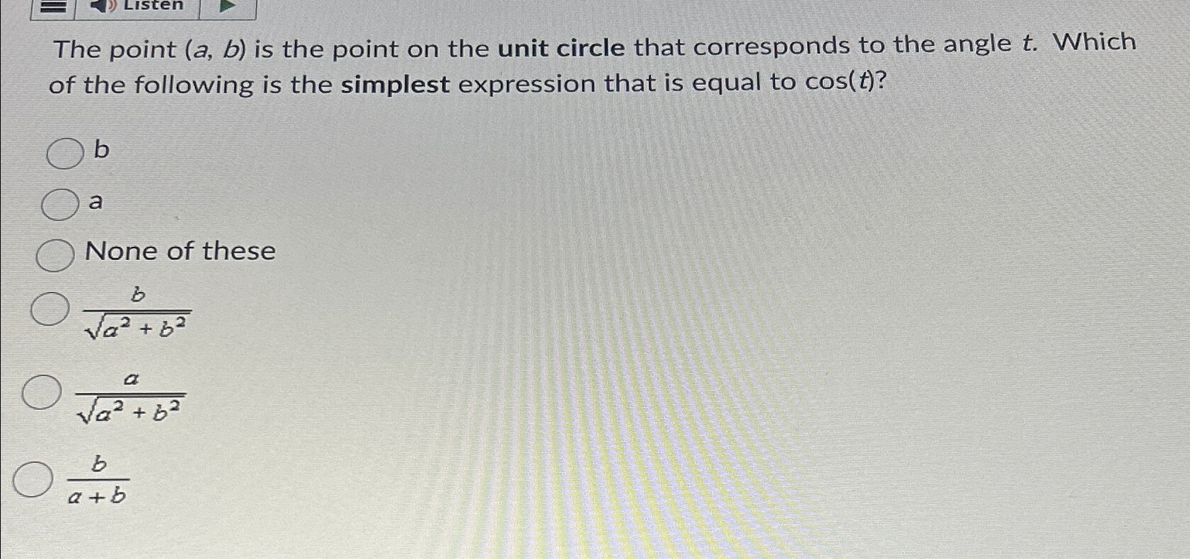 Solved The point (a,b) ﻿is the point on the unit circle that | Chegg.com
