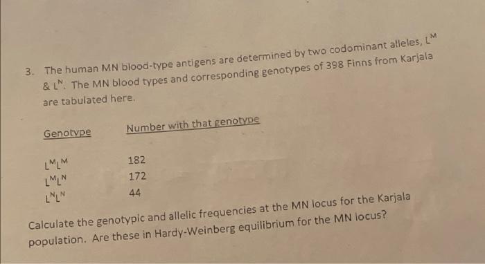 Solved 3. The human MN blood-type antigens are determined by | Chegg.com