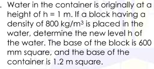 Solved = Water in the container is originally at a height of | Chegg.com