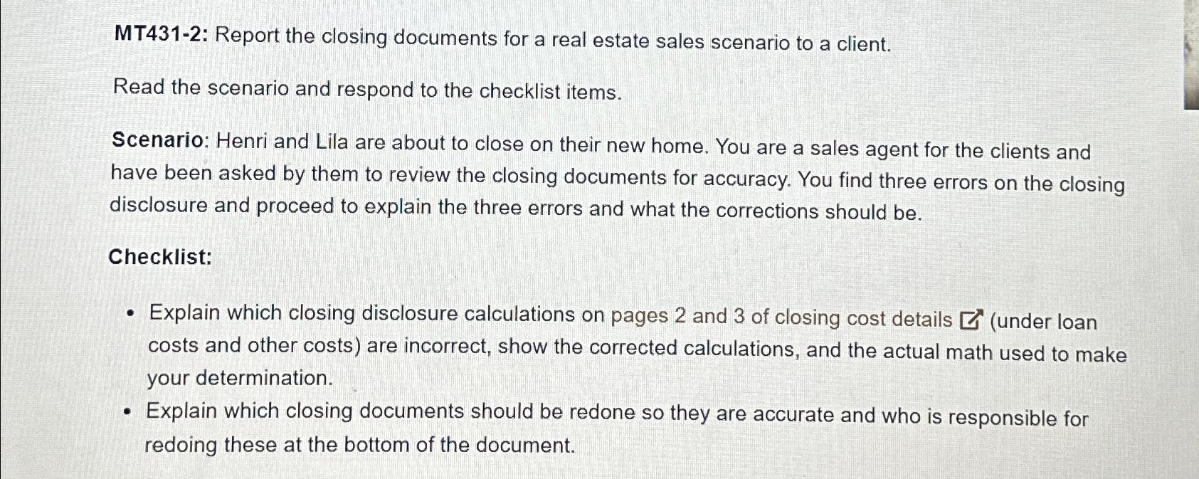 Solved MT431-2: Report the closing documents for a real | Chegg.com