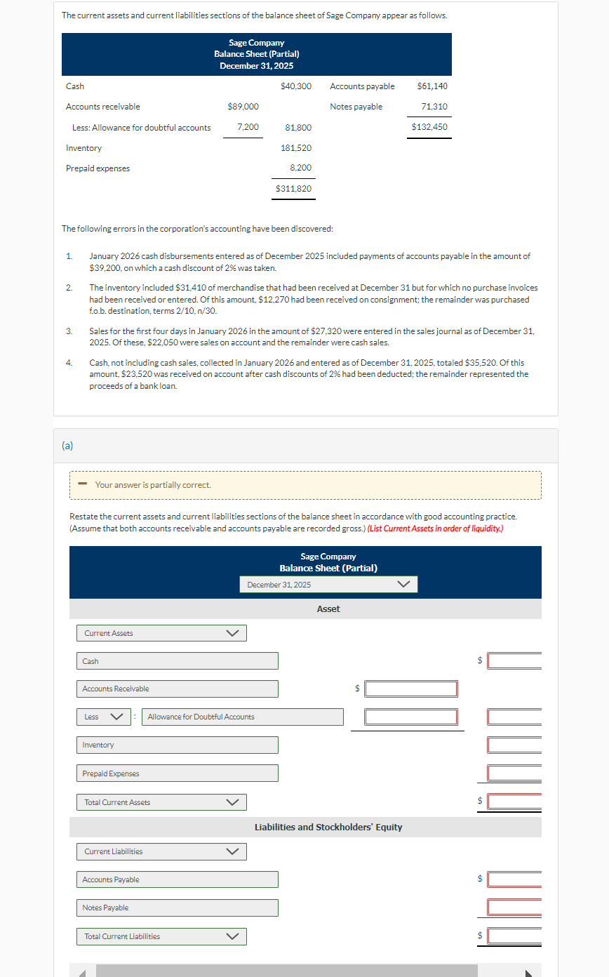 Solved The current assets and current liabilities sections | Chegg.com