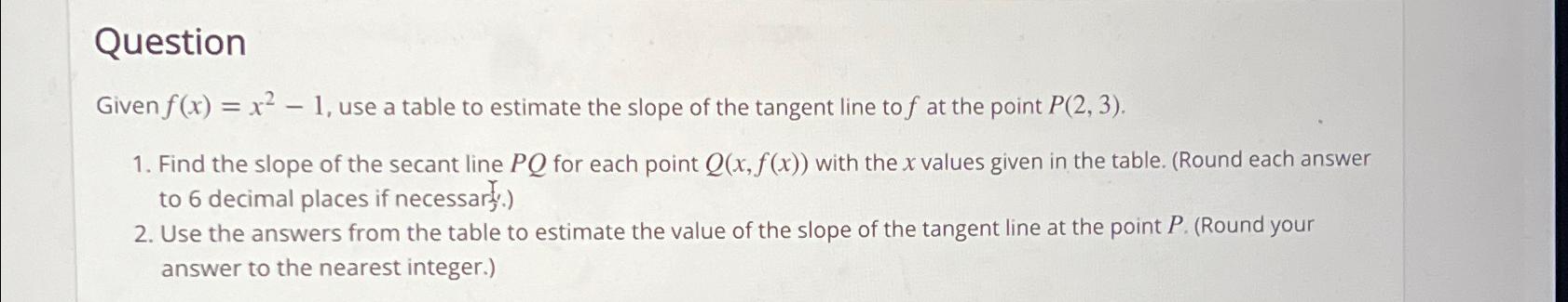 Solved QuestionGiven f(x)=x2-1, ﻿use a table to estimate the | Chegg.com