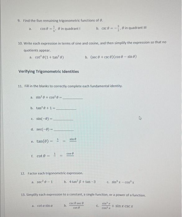 Solved 9. Find the five remaining trigonometric functions of | Chegg.com