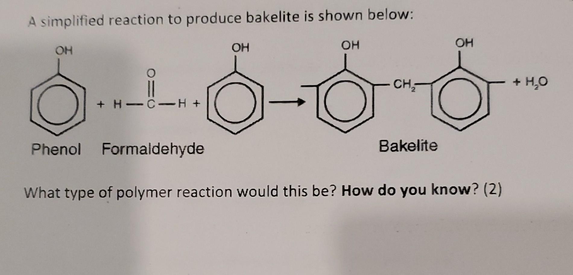 Solved A simplified reaction to produce bakelite is shown | Chegg.com