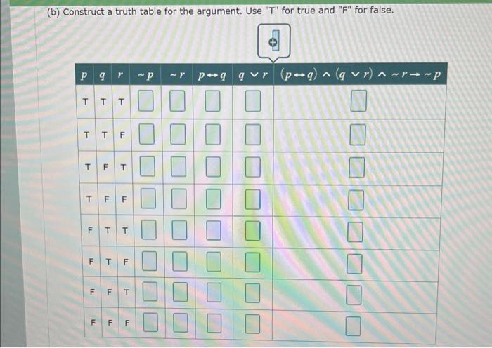 Solved (b) Construct a truth table for the argument. Use "T" | Chegg.com