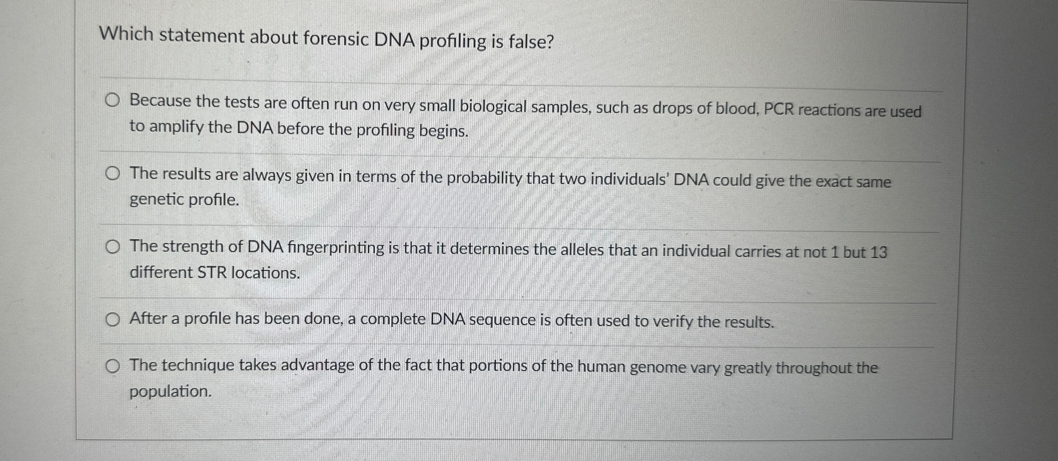 Solved Which statement about forensic DNA profiling is | Chegg.com