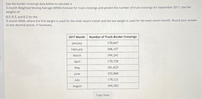 Solved Use the border crossings data below to calculate a | Chegg.com
