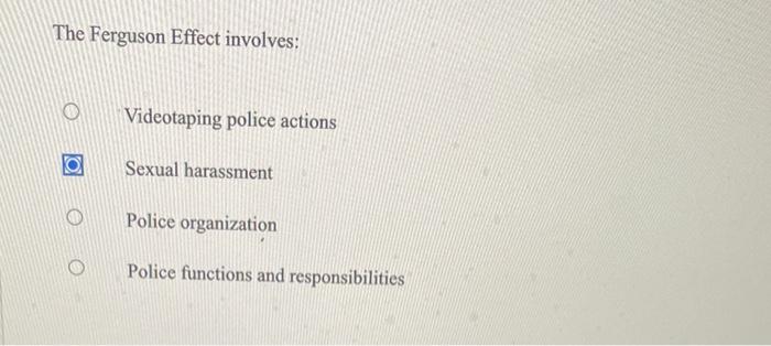 The Ferguson Effect involves: Videotaping police | Chegg.com
