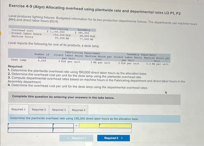 Solved Exercise 4-9 (Algo) Allocating overhead using | Chegg.com