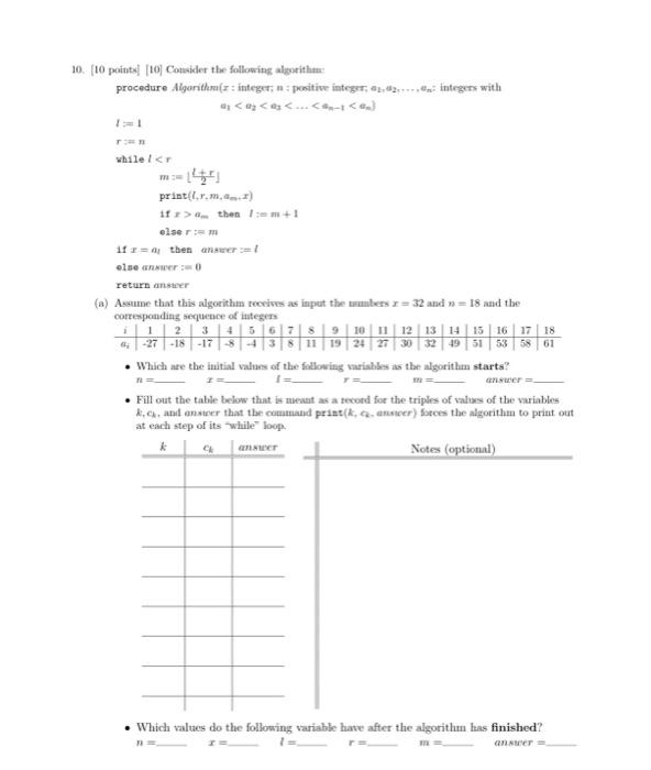 Solved 10. [10 points] [10] Consider the following algorithm | Chegg.com