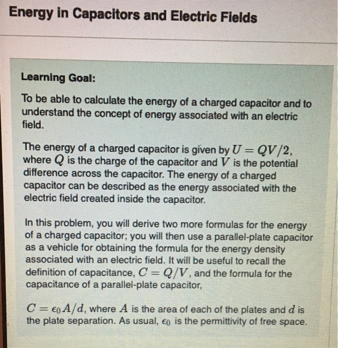 Solved Energy in Capacitors and Electric Fields Learning | Chegg.com