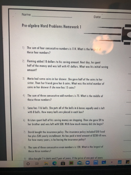 Solved Name Date Pre-algebra Word Problems Homework 1 1) The | Chegg.com