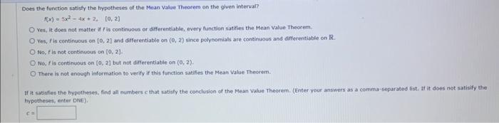 Solved Does the function satisfy the hypotheses of the Mean | Chegg.com