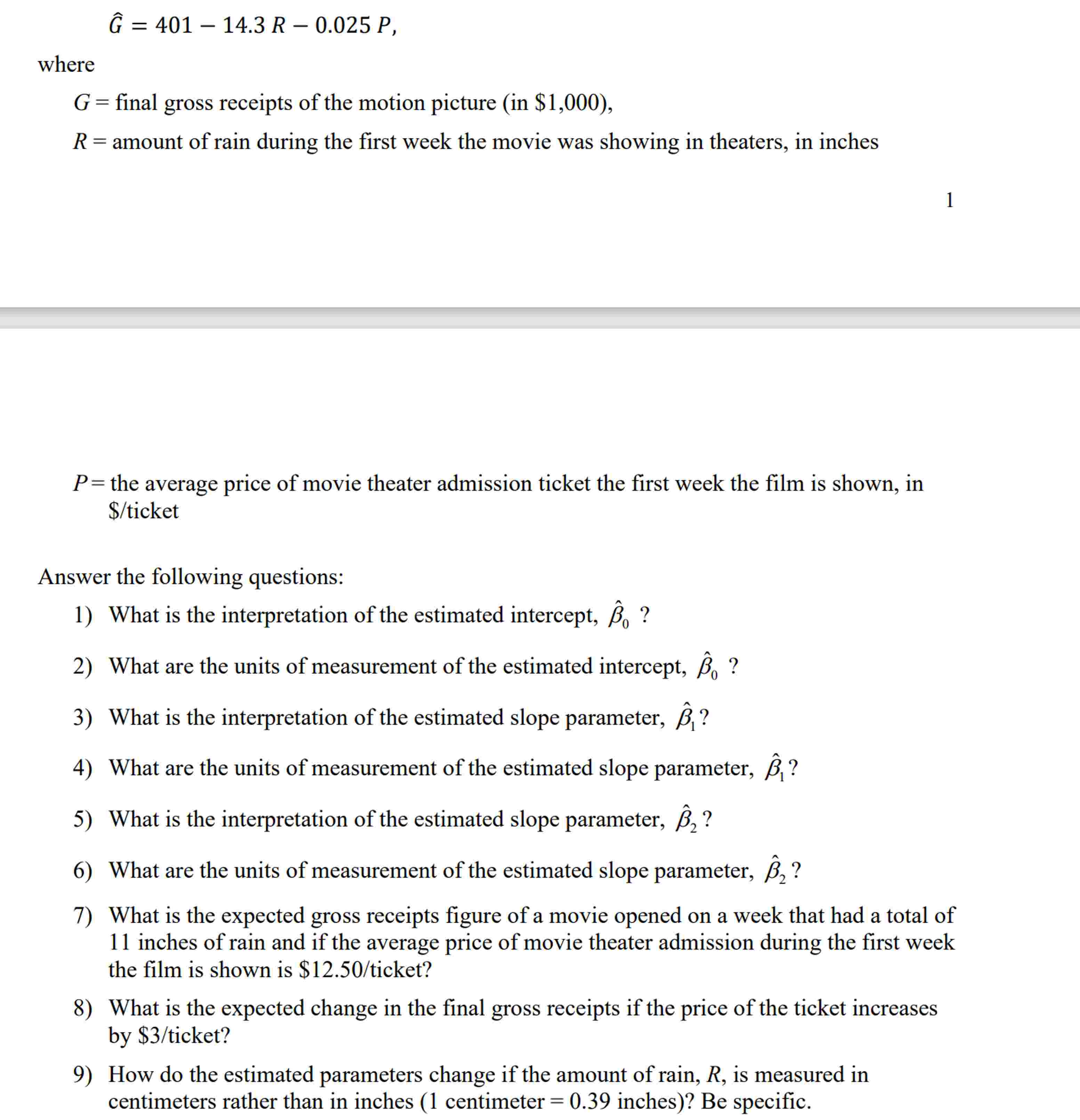 Solved widehat(G)=401-14.3R-0.025P,whereG= ﻿final gross | Chegg.com