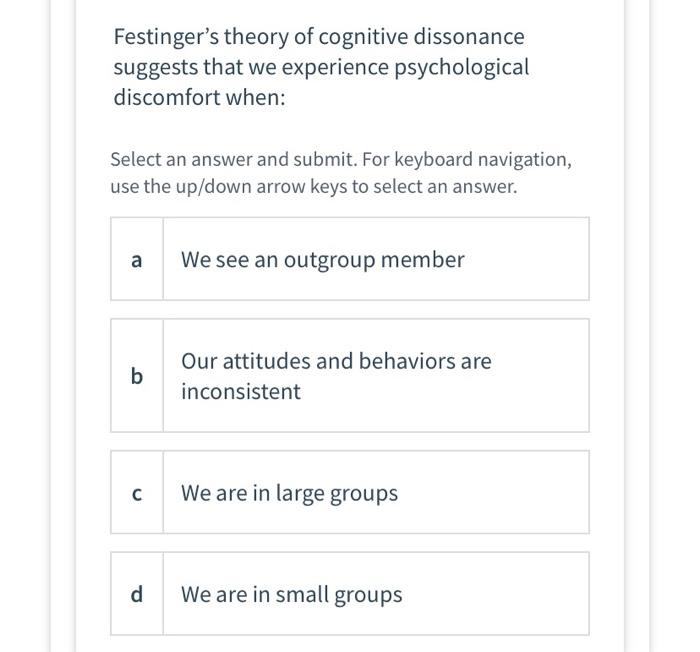 Solved Festinger's theory of cognitive dissonance suggests | Chegg.com