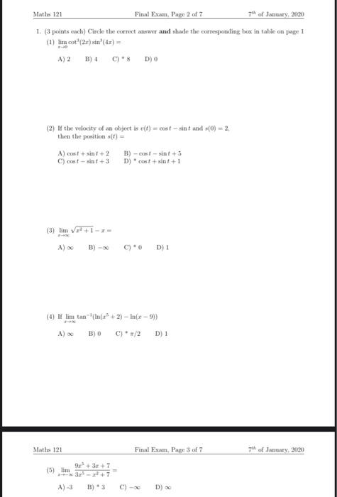 Solved Maths 121 Final Exam, Page 2 of 7 7th of January, | Chegg.com