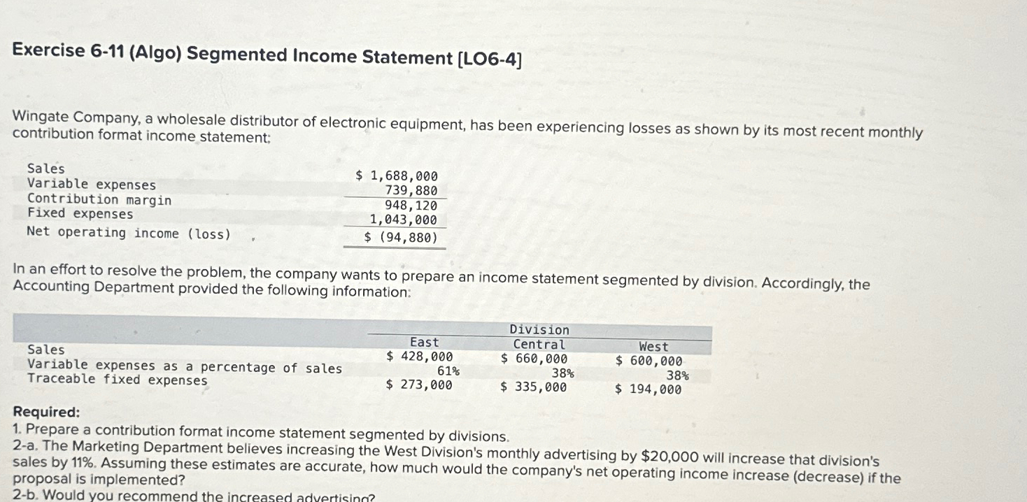 Solved Exercise 6-11 (Algo) ﻿Segmented Income Statement | Chegg.com