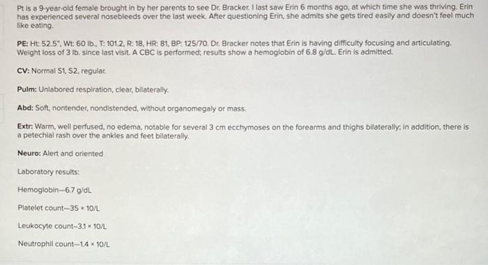 Solved Pt is a 9-year-old female brought in by her parents | Chegg.com