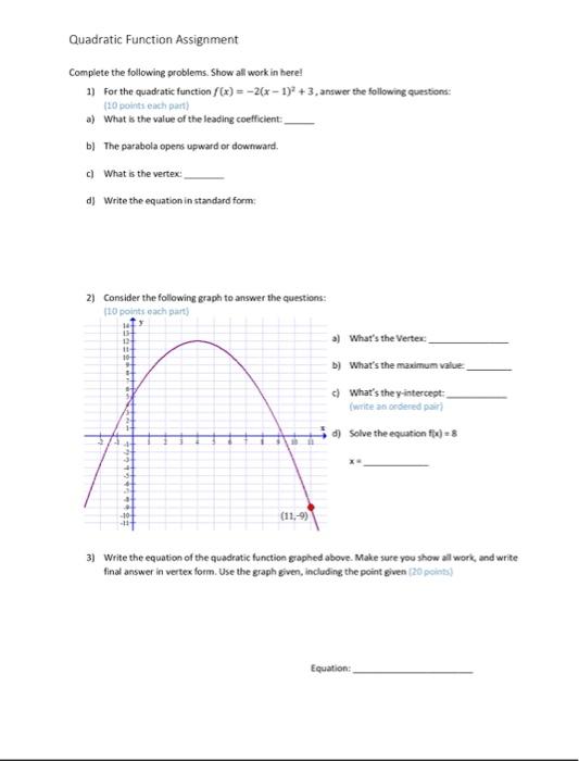 Solved Quadratic Function Assignment Complete the following | Chegg.com