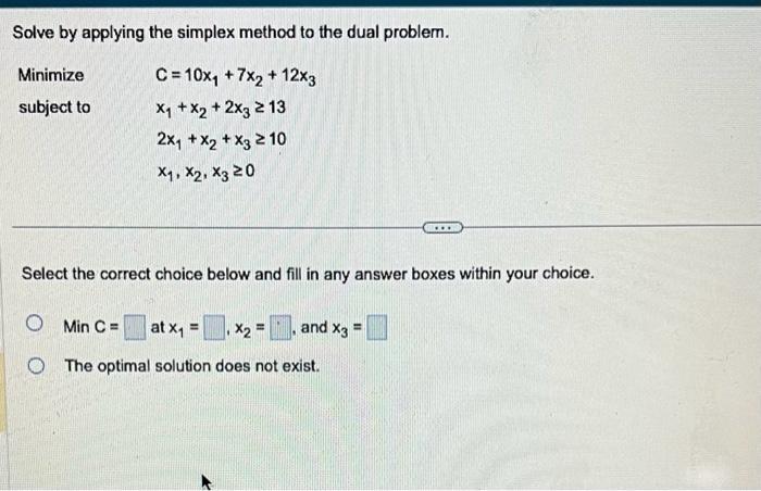 Solved Solve by applying the simplex method to the dual | Chegg.com