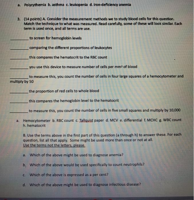 Solved a. Polycythemia b. asthma c. leukopenia d. | Chegg.com
