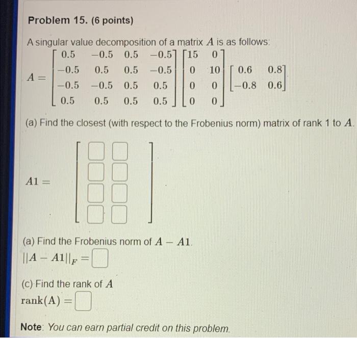 Solved Problem 15. (6 points) A singular value decomposition | Chegg.com