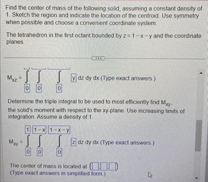 Solved Find the center of mass of the following solid, | Chegg.com