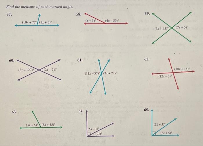 Solved Find the measure of each marked angle. 57. 58. 5 60. | Chegg.com
