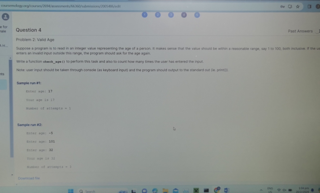 Solved Question 4Past AnswersProblem 2: Valid AgeSuppose a | Chegg.com