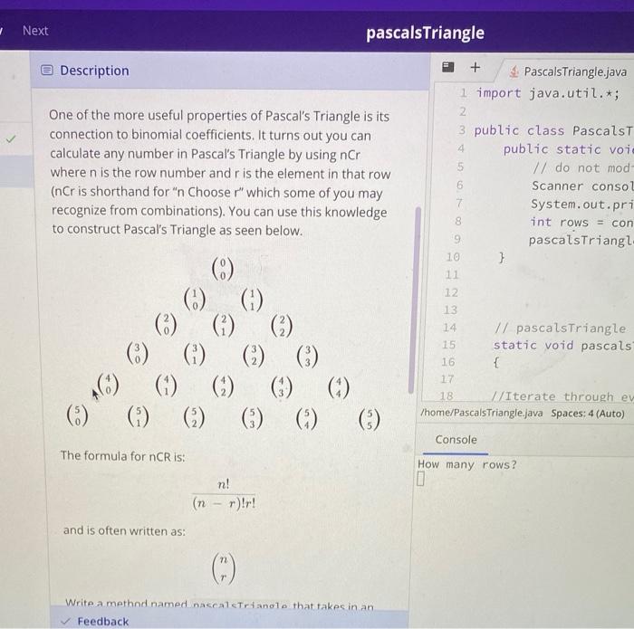 Solved 5 5 10 Next pascalsTriangle Challenge Submis | Chegg.com