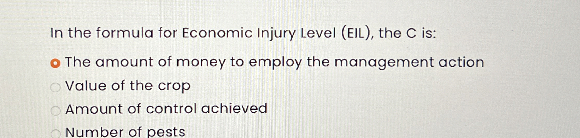 Solved In the formula for Economic Injury Level (EIL), ﻿the | Chegg.com