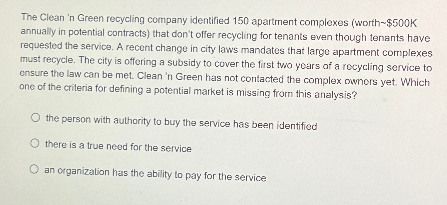 Solved The Clean 'n Green recycling company identified 150 | Chegg.com