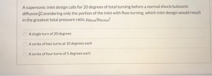 Solved A supersonic inlet design calls for 20 degrees of | Chegg.com