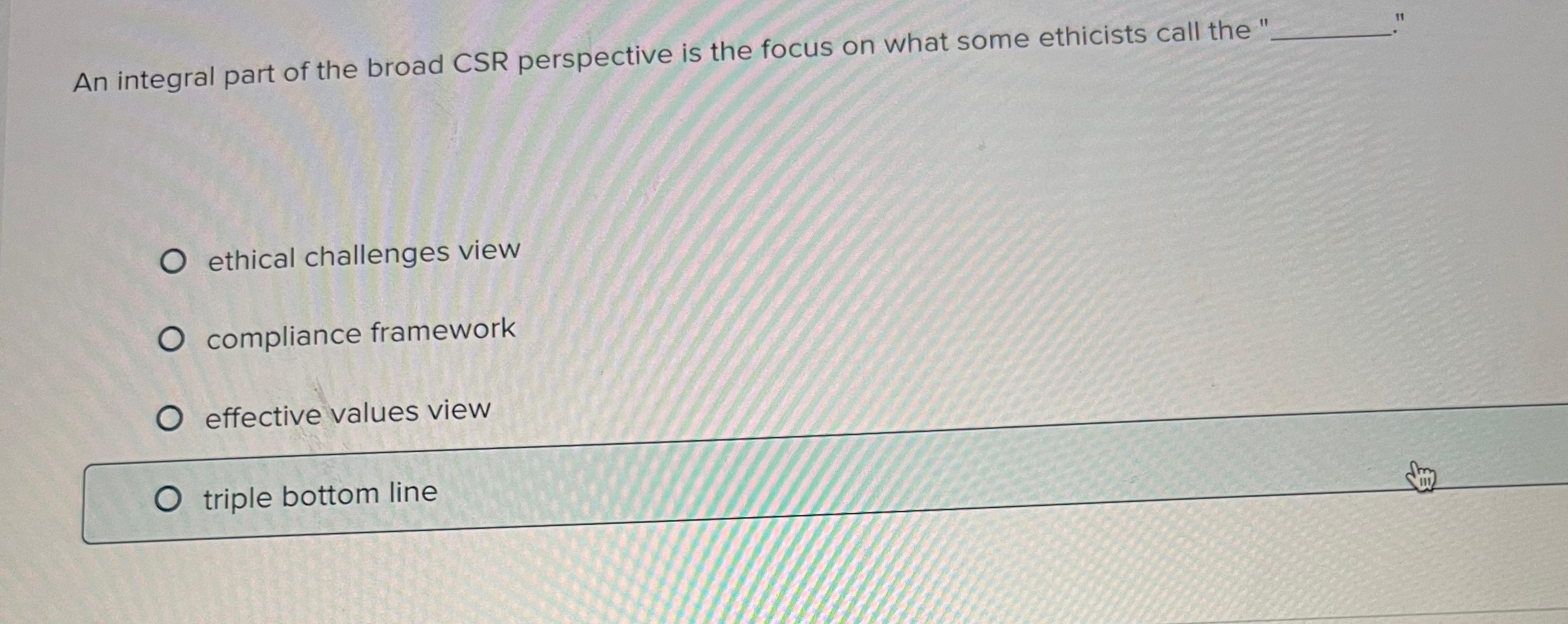 Solved An integral part of the broad CSR perspective is the | Chegg.com