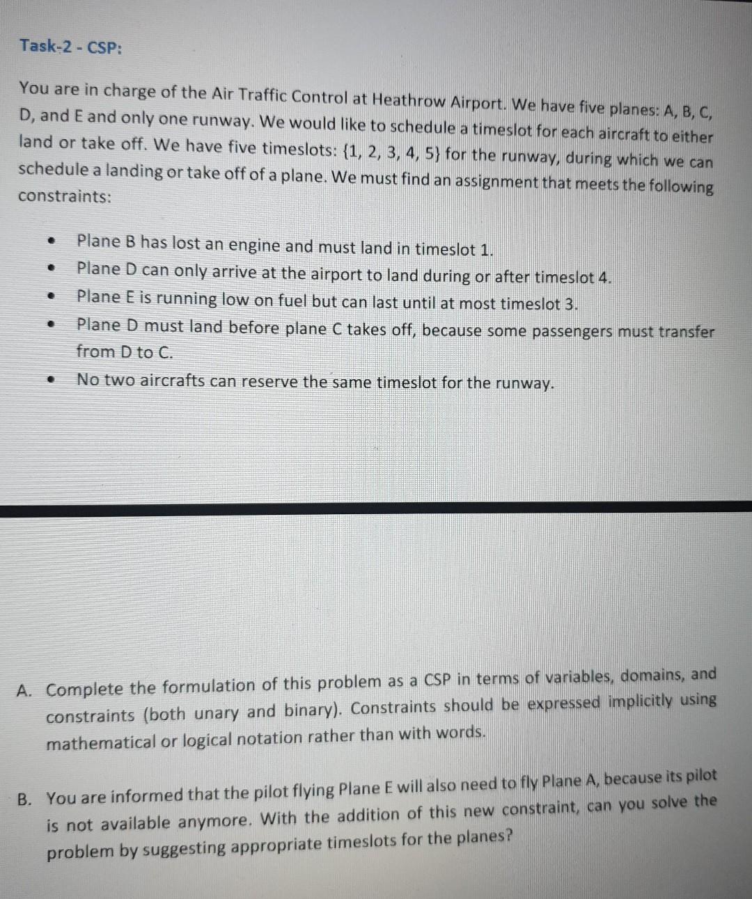 Solved Task-2 - CSP: You are in charge of the Air Traffic | Chegg.com