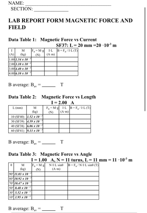 Solved NAME: SECTION: LAB REPORT FORM MAGNETIC FORCE AND | Chegg.com