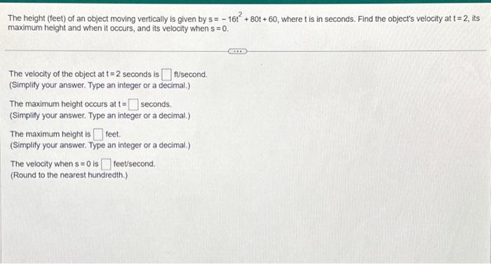 Solved 2 The height (feet) of an object moving vertically is | Chegg.com