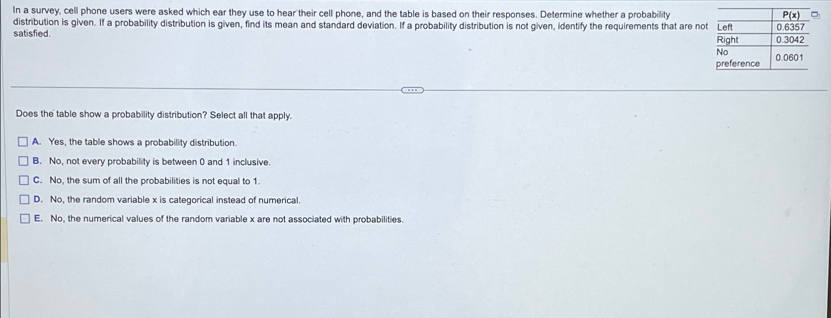 Solved In a survey, cell phone users were asked which ear | Chegg.com