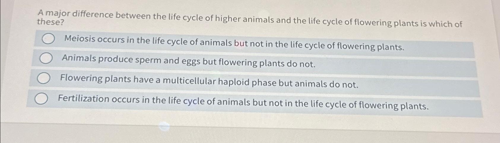 Solved A major difference between the life cycle of higher | Chegg.com