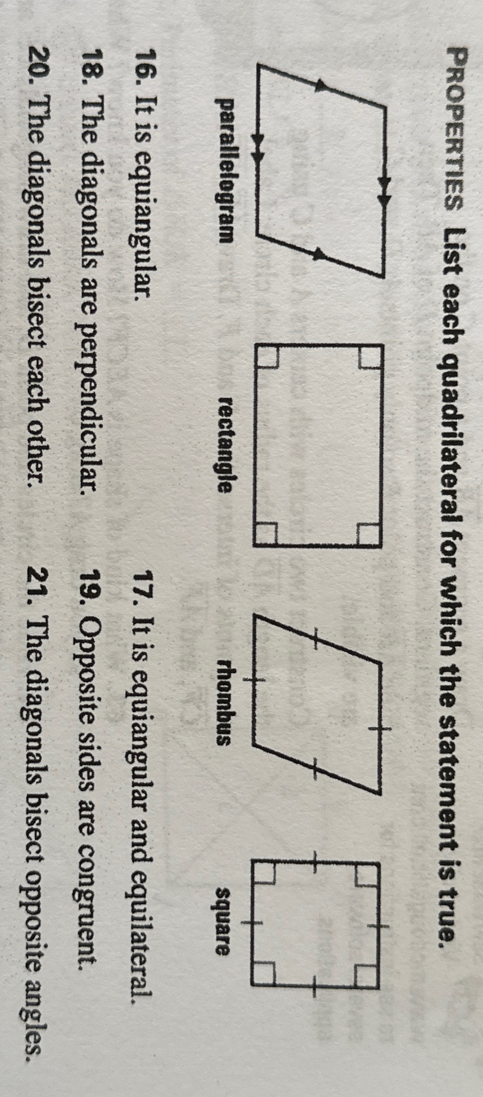 Solved PROPERTIES List each quadrilateral for which the | Chegg.com