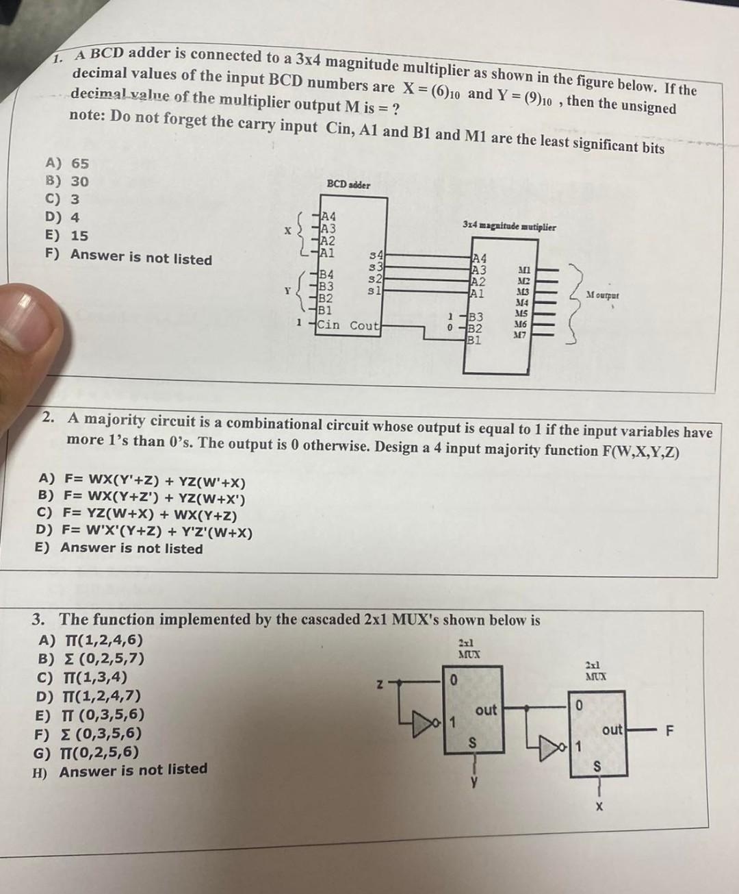 Solved 1. A BCD adder is connected to a 3×4 magnitude | Chegg.com