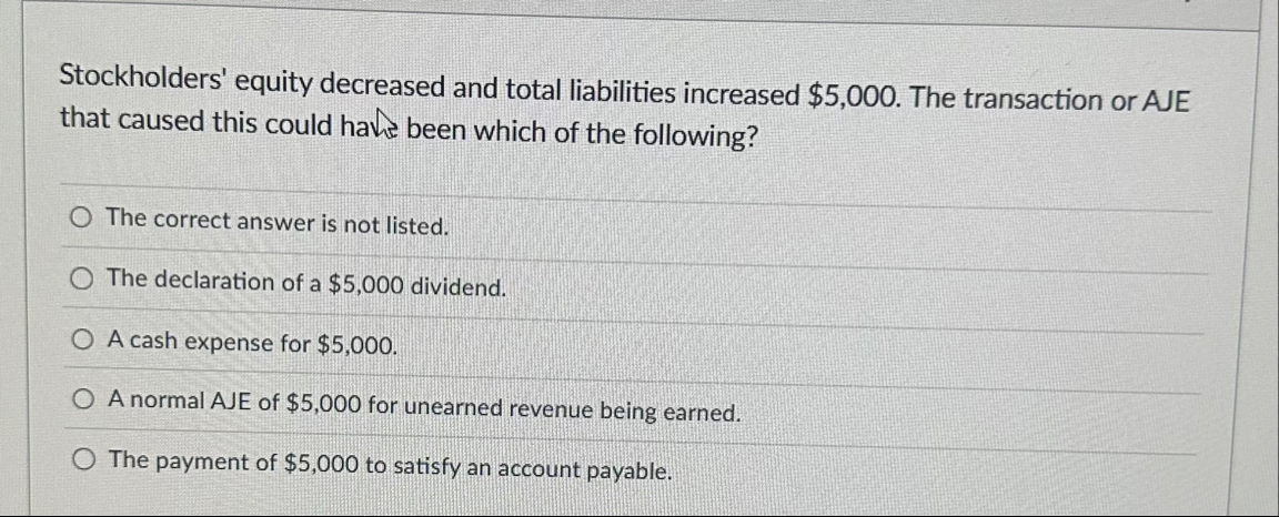 Solved Stockholders' equity decreased and total liabilities | Chegg.com