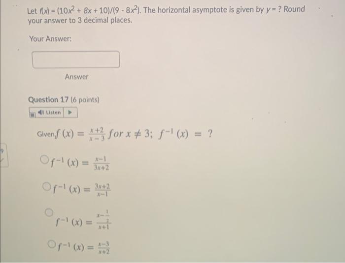 Solved Let x) = (10x2 + 8x + 10)/19 - 8x2). The horizontal | Chegg.com