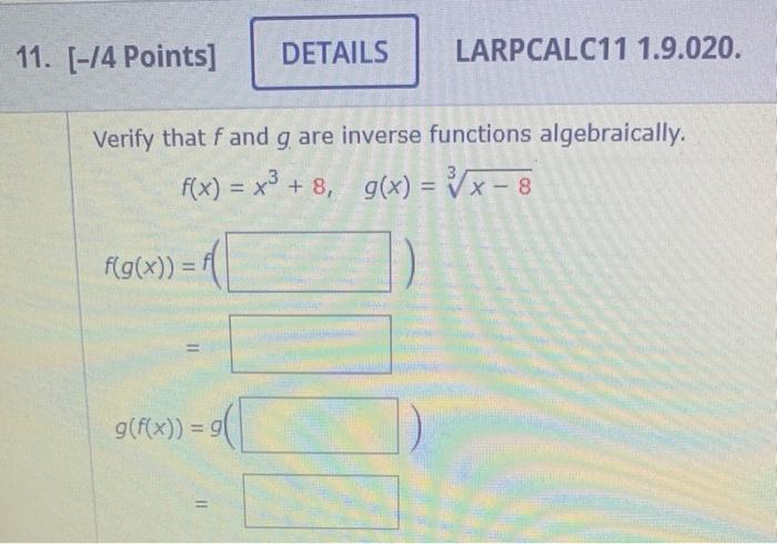 Solved Verify that f and g are inverse functions | Chegg.com