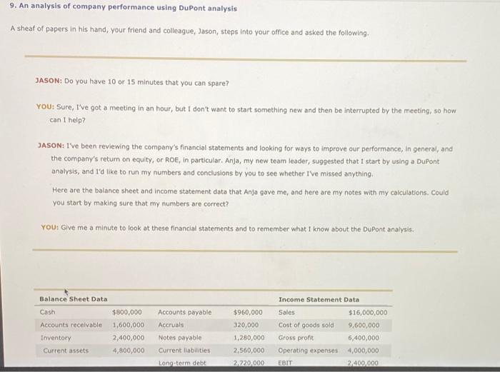 Solved 9. An analysis of company performance using DuPont | Chegg.com