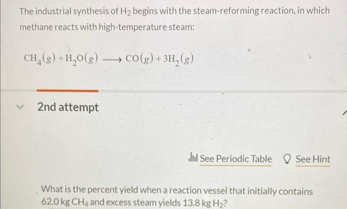 Solved The industrial synthesis of H2 begins with the | Chegg.com