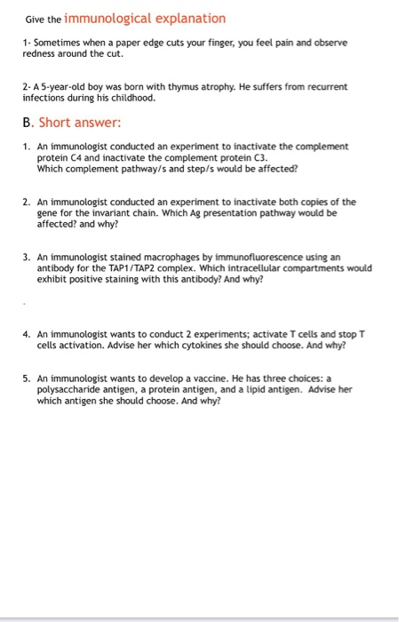 Solved immunology 1 &2 in section A immunological | Chegg.com
