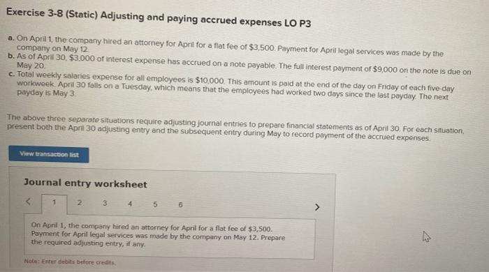 Solved Exercise 3-8 (Static) Adjusting and paying accrued | Chegg.com