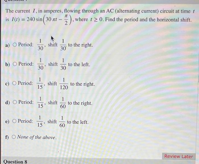 Solved The current I, in amperes, flowing through an AC | Chegg.com