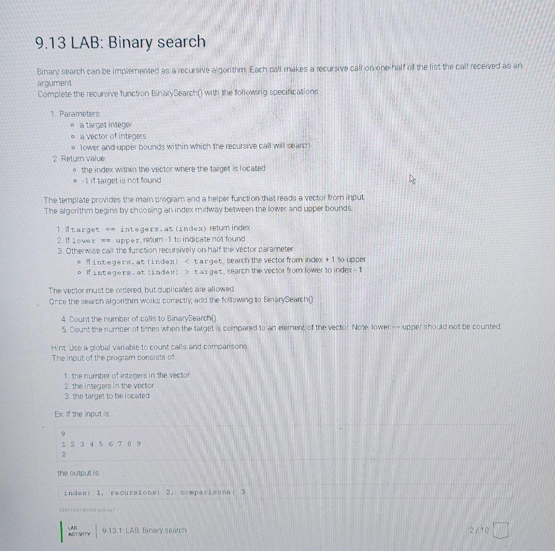 Solved 9.13 ﻿LAB: Binary searchBinary search can be | Chegg.com